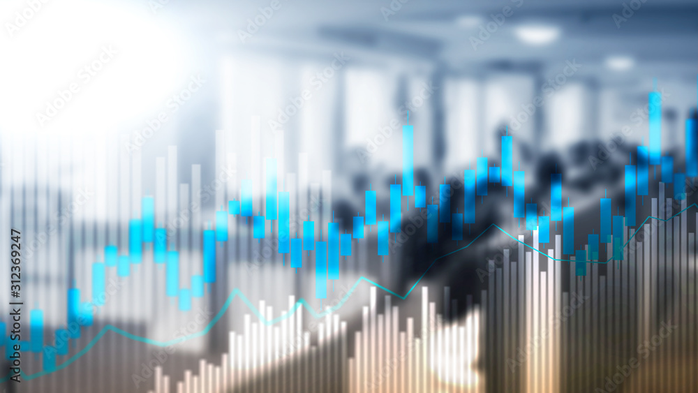 Stock trading candlestick chart and diagrams on blurred office center ...