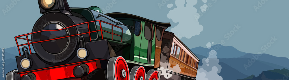 cartoon vintage steam train rides on a background of mountains Stock ...