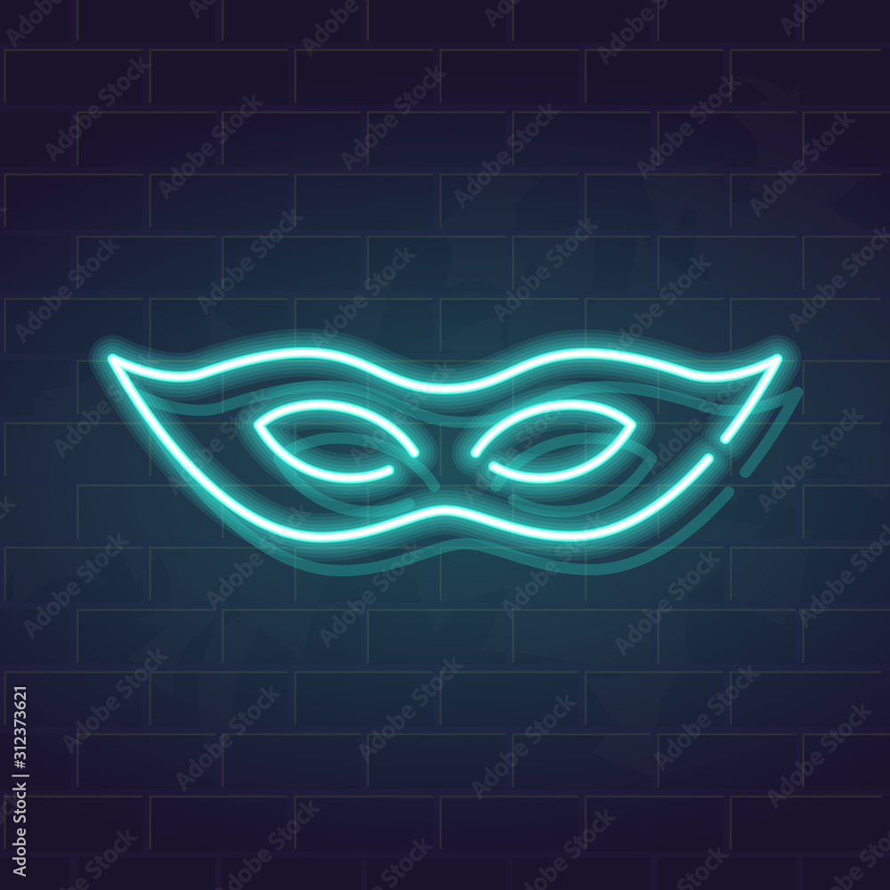 Neon carnival mask silhouette. Glowing vector line art illustration on ...