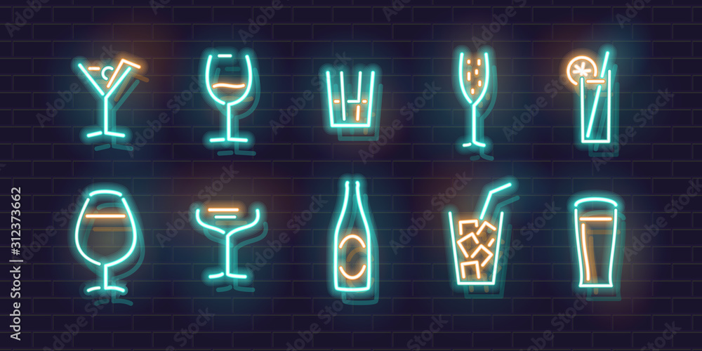 Neon cocktails set. Fluorescent isolated vector icons of brick wall ...