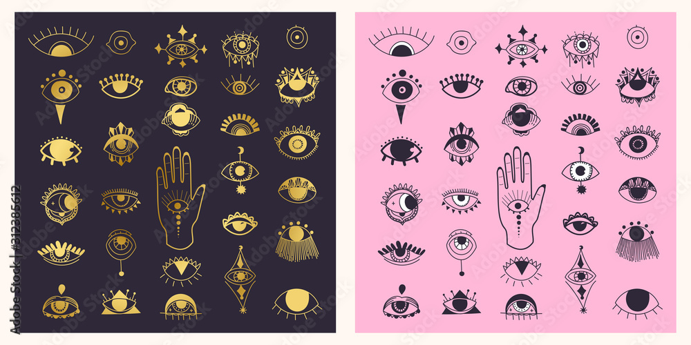 Evil eyes symbol set. Different shapes. Flat design. Free hand drawing ...
