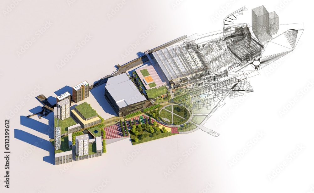 Poster 3d plan of an urban block, city architecture, engineering design ...