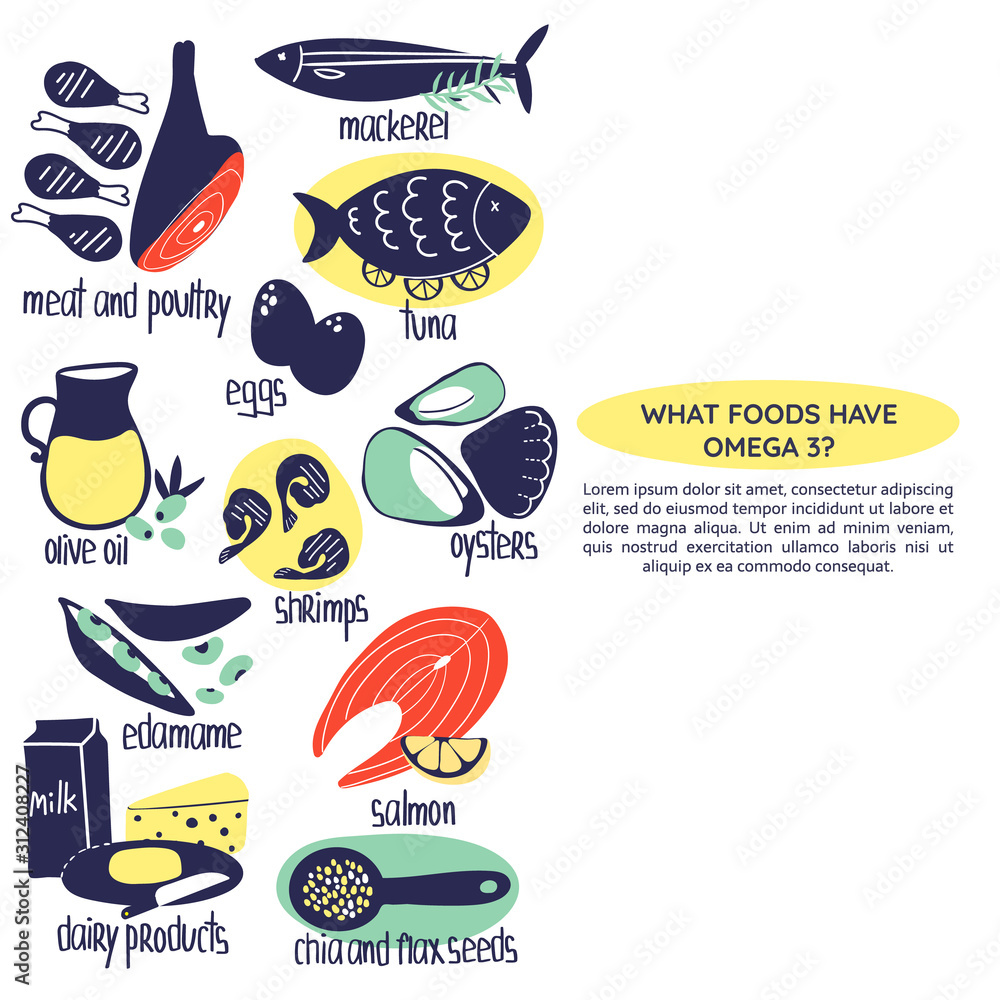 Hand drawn Omega 3 fatty acids food sources: salmon mackerel, oysters ...