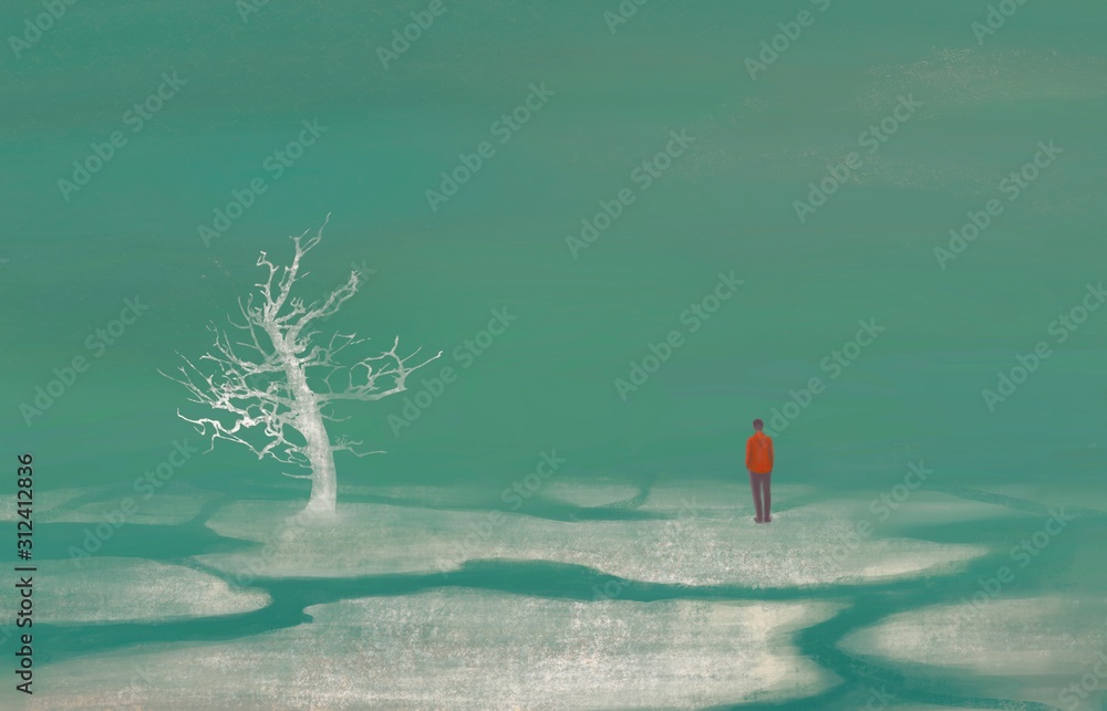 One man and one tree, alone and depression concept, surreal painting ...