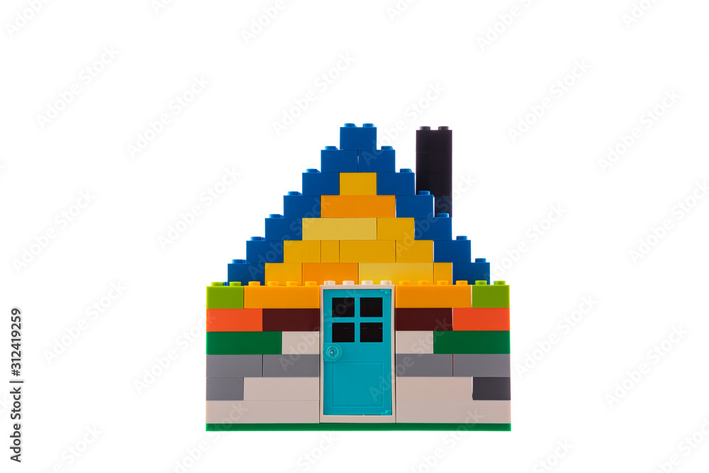House made of classic building blocks, white studio background. Stock ...