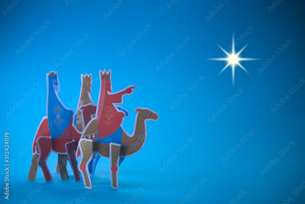 Three kings day. Melchior, Caspar and Balthazar. Night background with ...