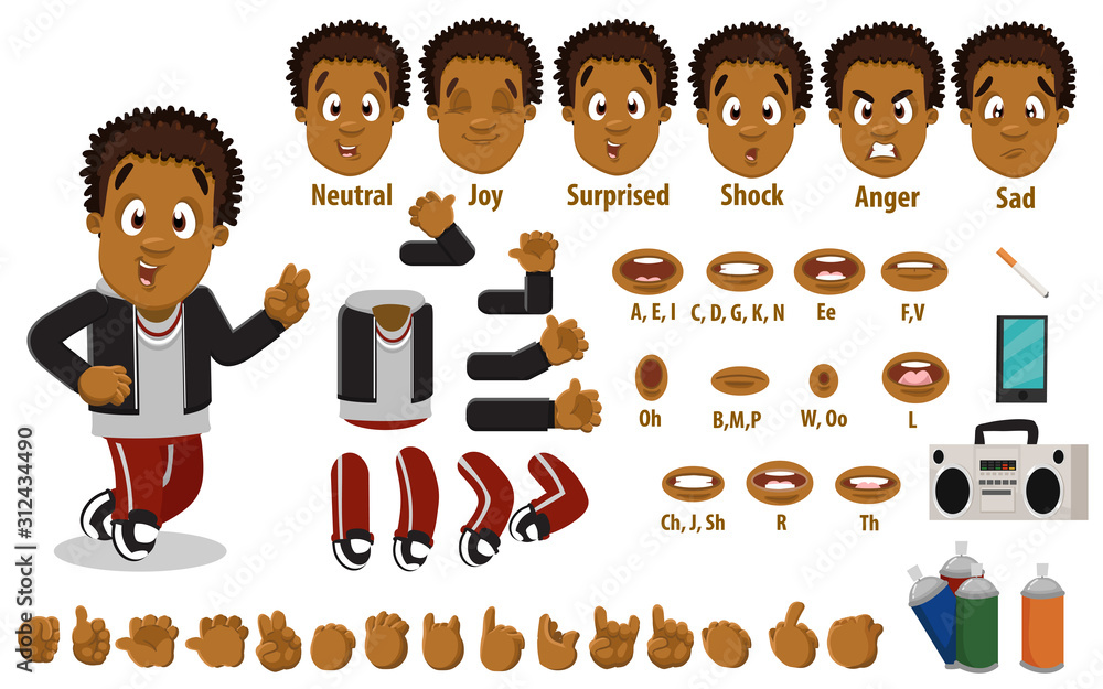 Cartoon afro-american guy constructor for animation. Parts of body, set ...