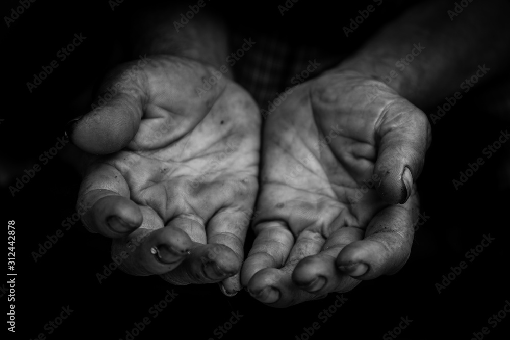 hands poor old man or beggar begging you for help sitting at dirty slum ...