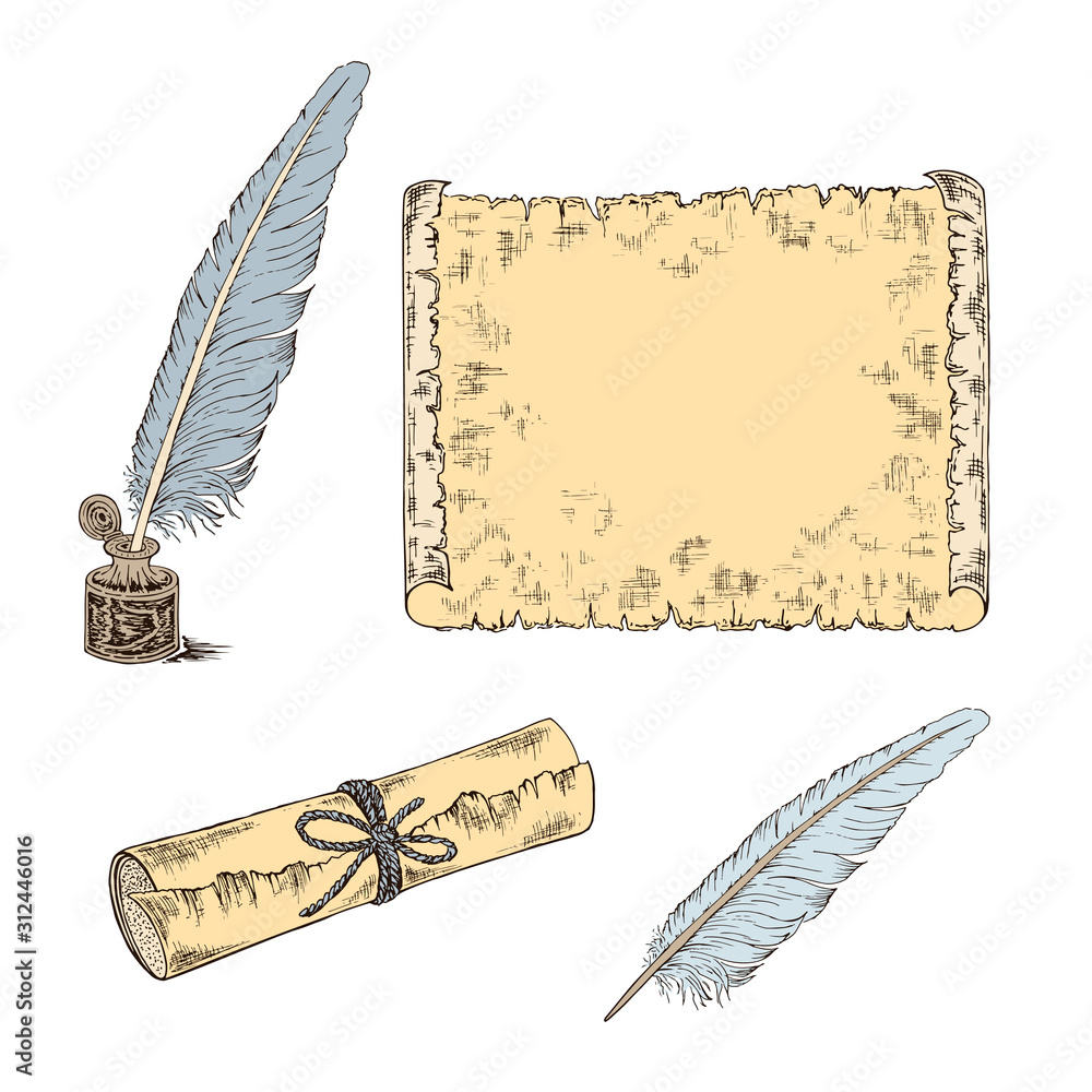 Hand drawn sheet of paper scroll, feathers and inkwell. Pencil sketch ...