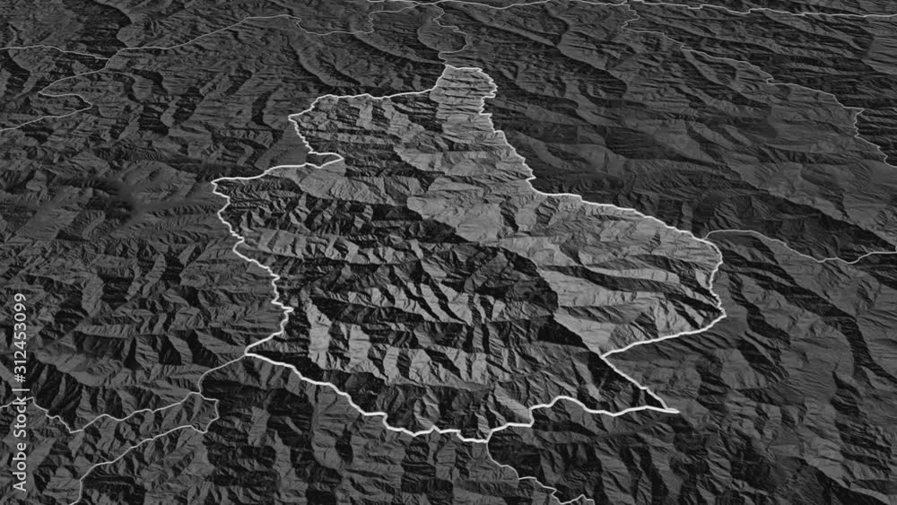 Trongsa, district with its capital, zoomed and extruded on the bilevel ...