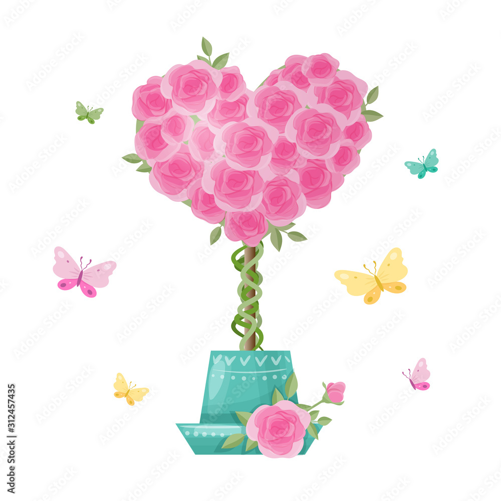 Cute cartoon tree topiary of rose flowers. Vector illustration Stock ...