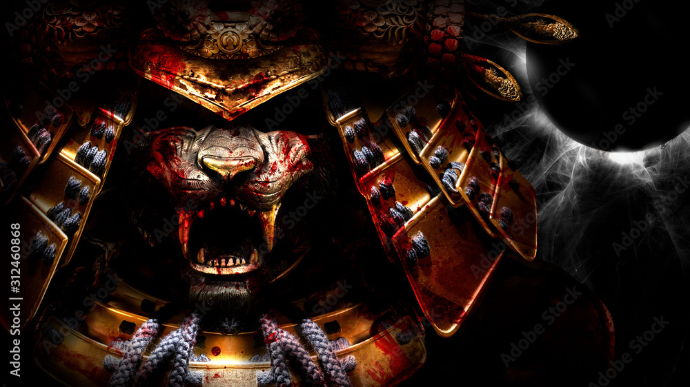 A terrifying Golden samurai helmet with a tiger mask with sharp fangs ...