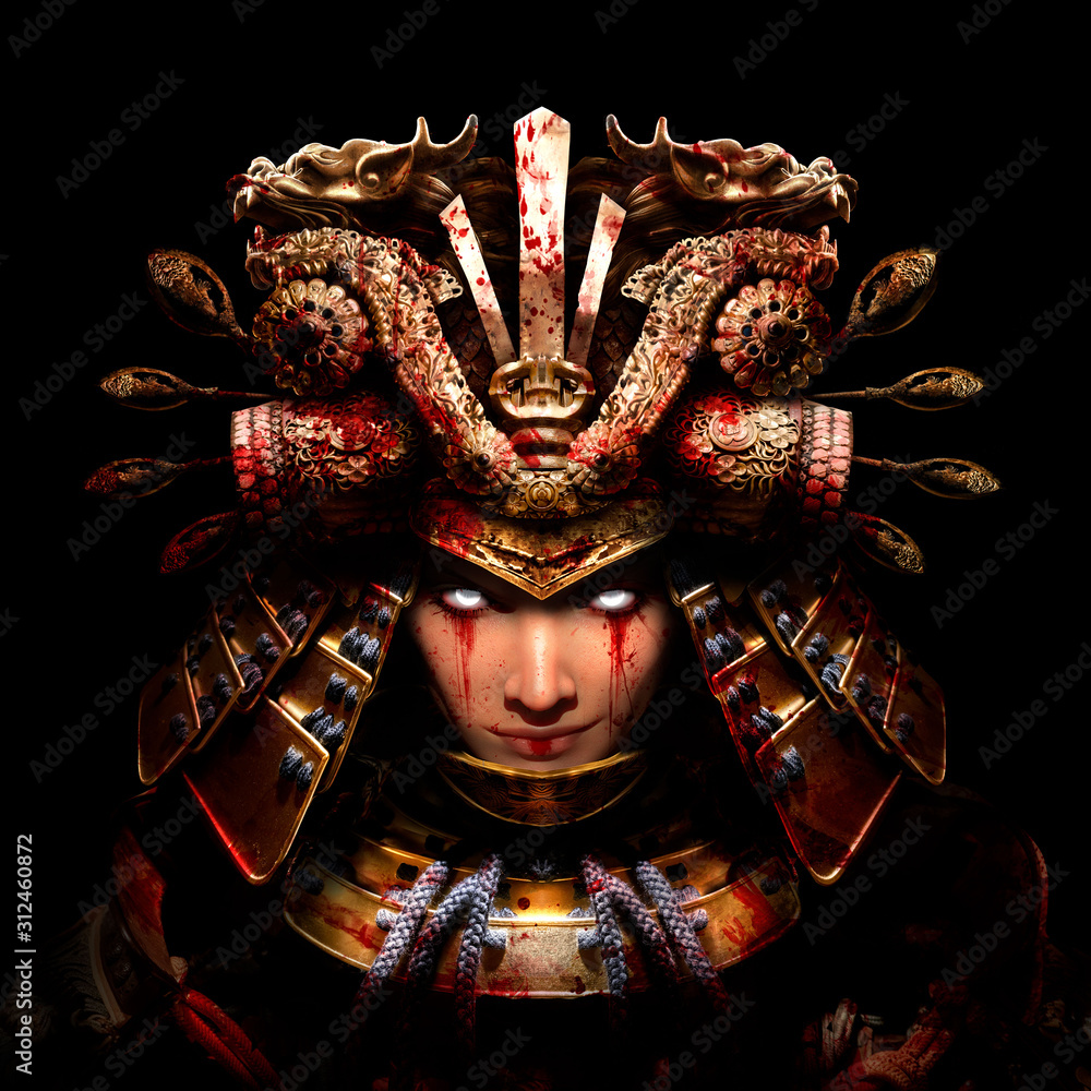 A beautiful samurai woman with white eyes, on whose head is a ...