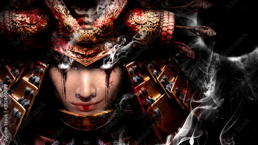 A beautiful samurai woman with white eyes from which smoke comes out ...
