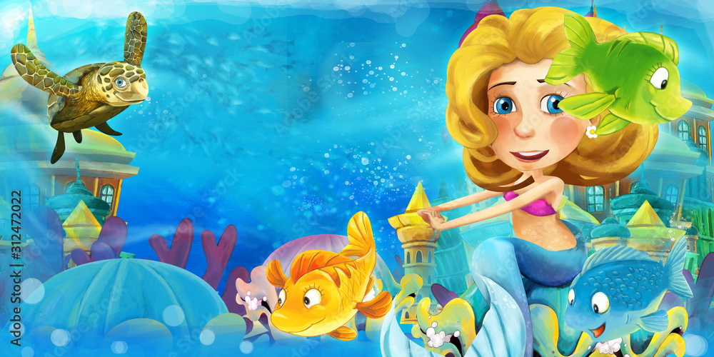 Cartoon ocean and the mermaid in underwater kingdom swimming with ...