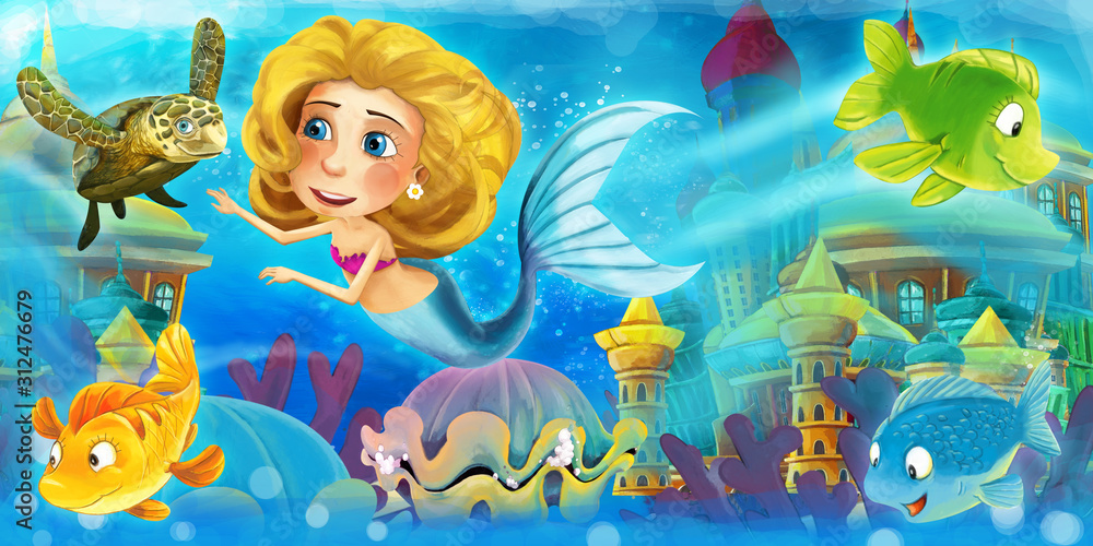 Cartoon ocean and the mermaid in underwater kingdom swimming with ...