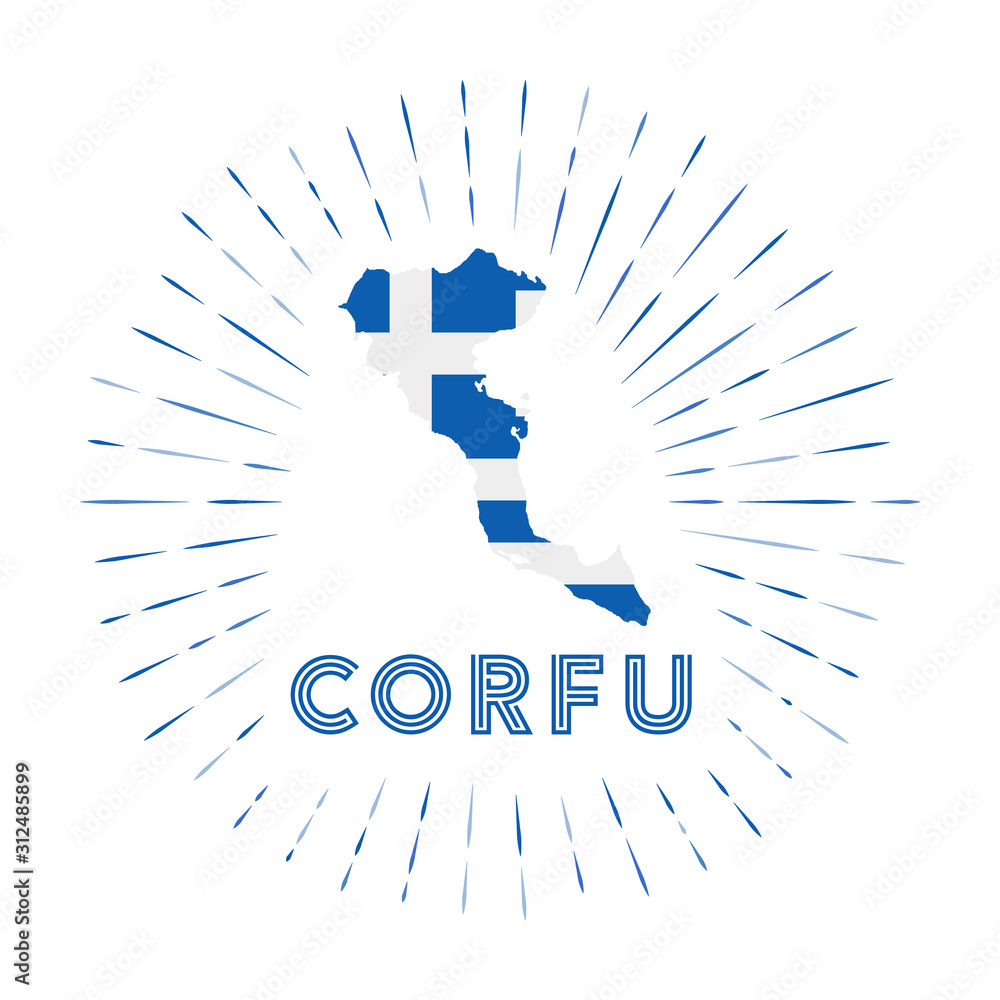 Corfu sunburst badge. The island sign with map of Corfu with Greek flag ...