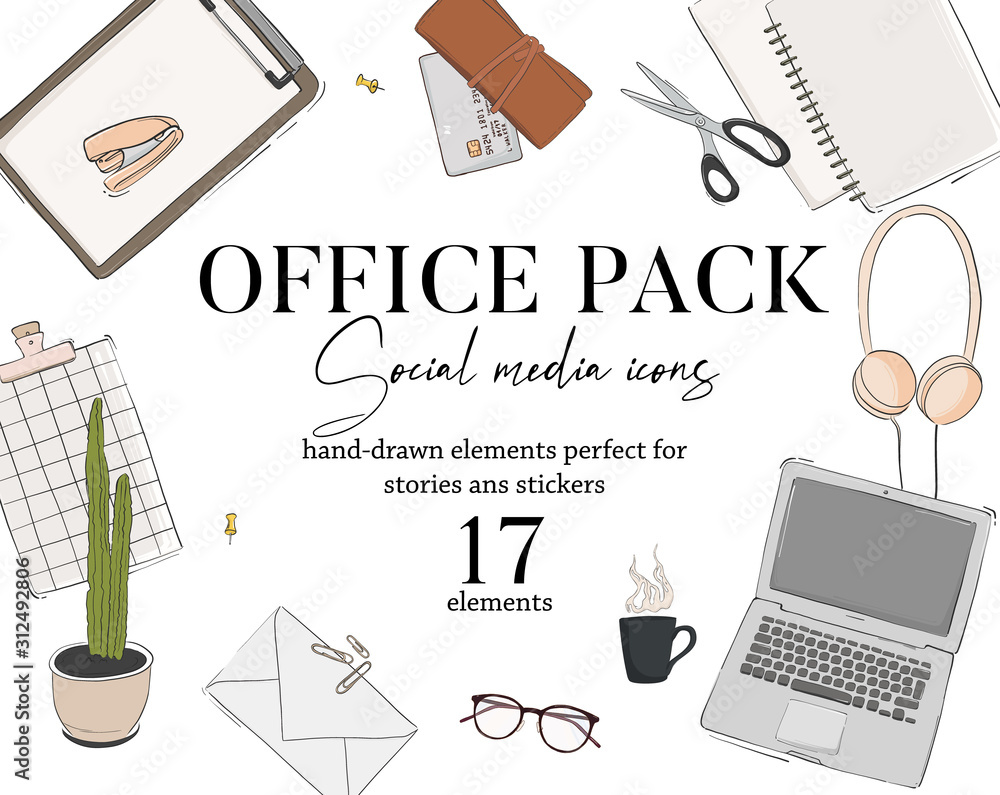 Modern hand-drawn office ack icons: headphones, laptop, notebook, files ...