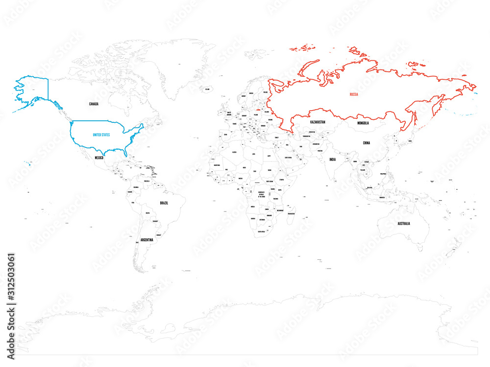 United States and Russia highlighted on political map of World. Vector ...