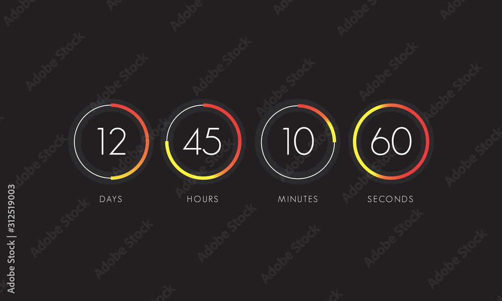 Countdown clock counter timer. Vector digital count down circle board with circle time pie ...