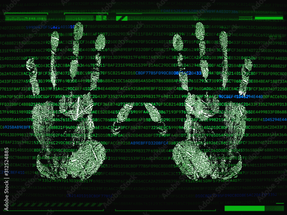 Palm print recognition and access concept. Security software by biometric data. Identification ...