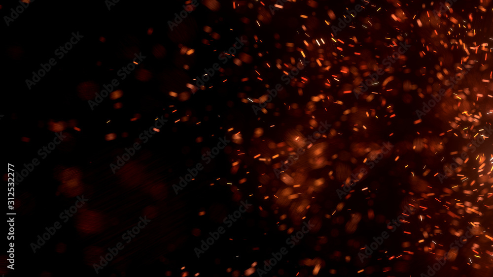 Burning red hot sparks fly from large fire in the night sky. Beautiful ...