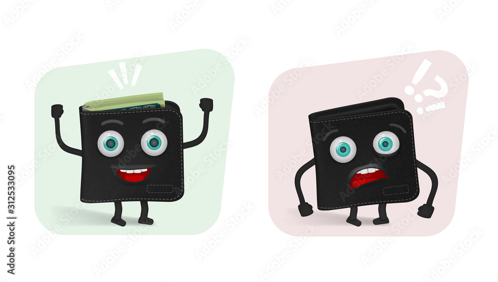 Full And Empty Funny Cartoon Wallet On White Stock Vector | Adobe Stock