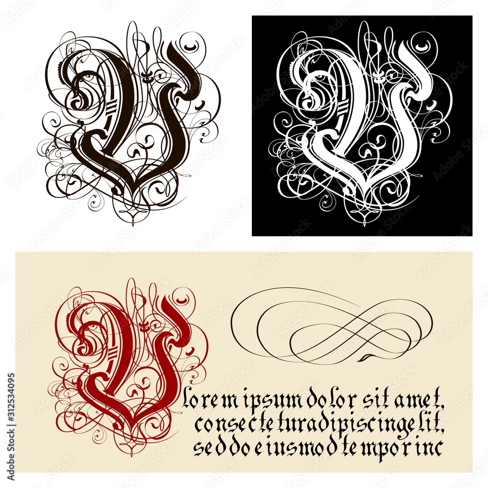 Decorative Gothic Letter V. Uncial Fraktur calligraphy. Stock Vector ...