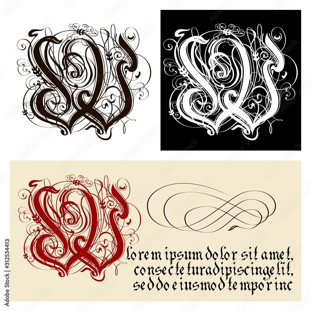 Decorative Gothic Letter W. Uncial Fraktur calligraphy. Stock Vector ...
