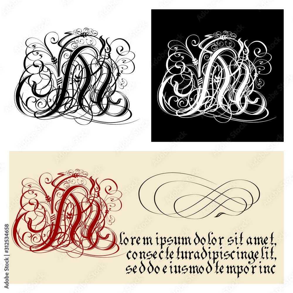 Decorative Gothic Letter M. Uncial Fraktur calligraphy. Stock Vector ...