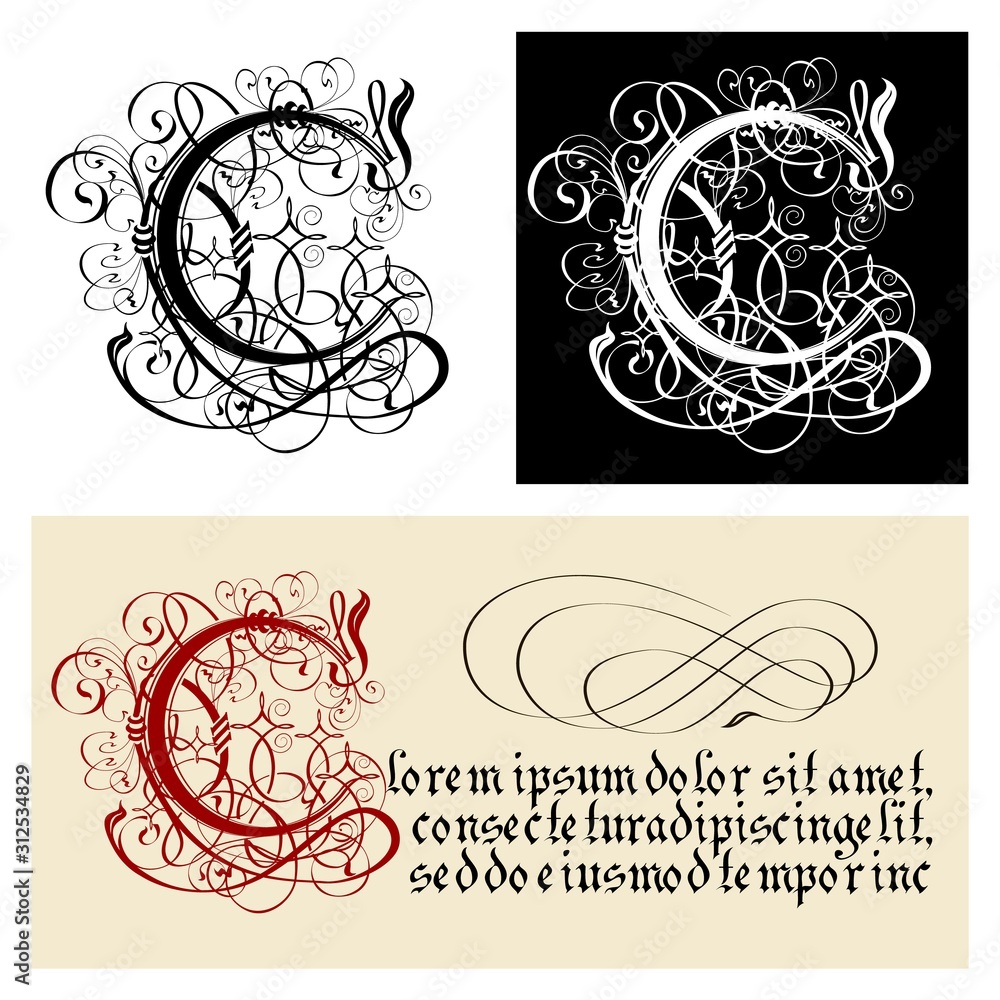 Decorative Gothic Letter C. Uncial Fraktur calligraphy. Stock Vector ...