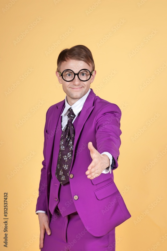Nerd businessman in purple suit shaking hands Stock Photo | Adobe Stock