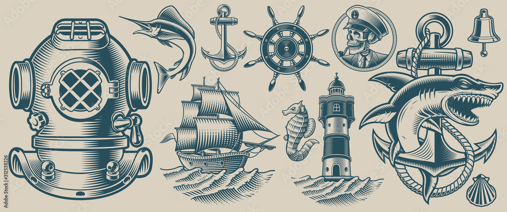 Set of vector illustrations on the nautical theme Stock Vector | Adobe ...