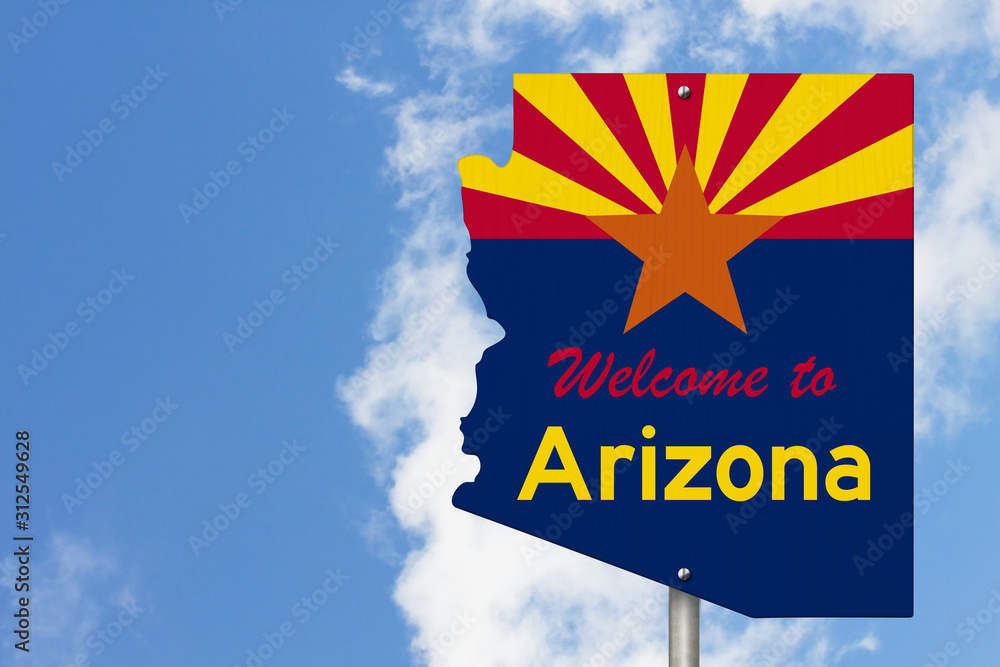 Welcome to the state of Arizona road sign in the shape of the state map ...