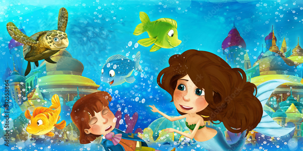 Cartoon ocean and the mermaid in underwater kingdom swimming and having ...