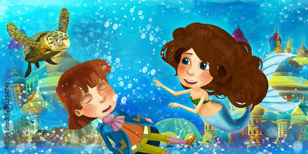 Cartoon ocean and the mermaid in underwater kingdom swimming and having ...