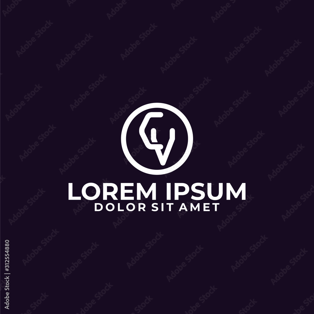 Initial letter CV logo template with circle line art symbol in flat ...