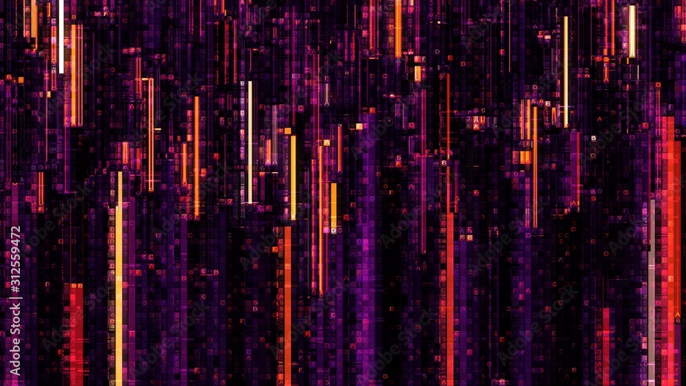 3D Illustration of orange purple digital glitch and hex code on black ...