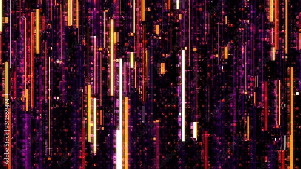3D Illustration of orange purple digital glitch and hex code on black ...