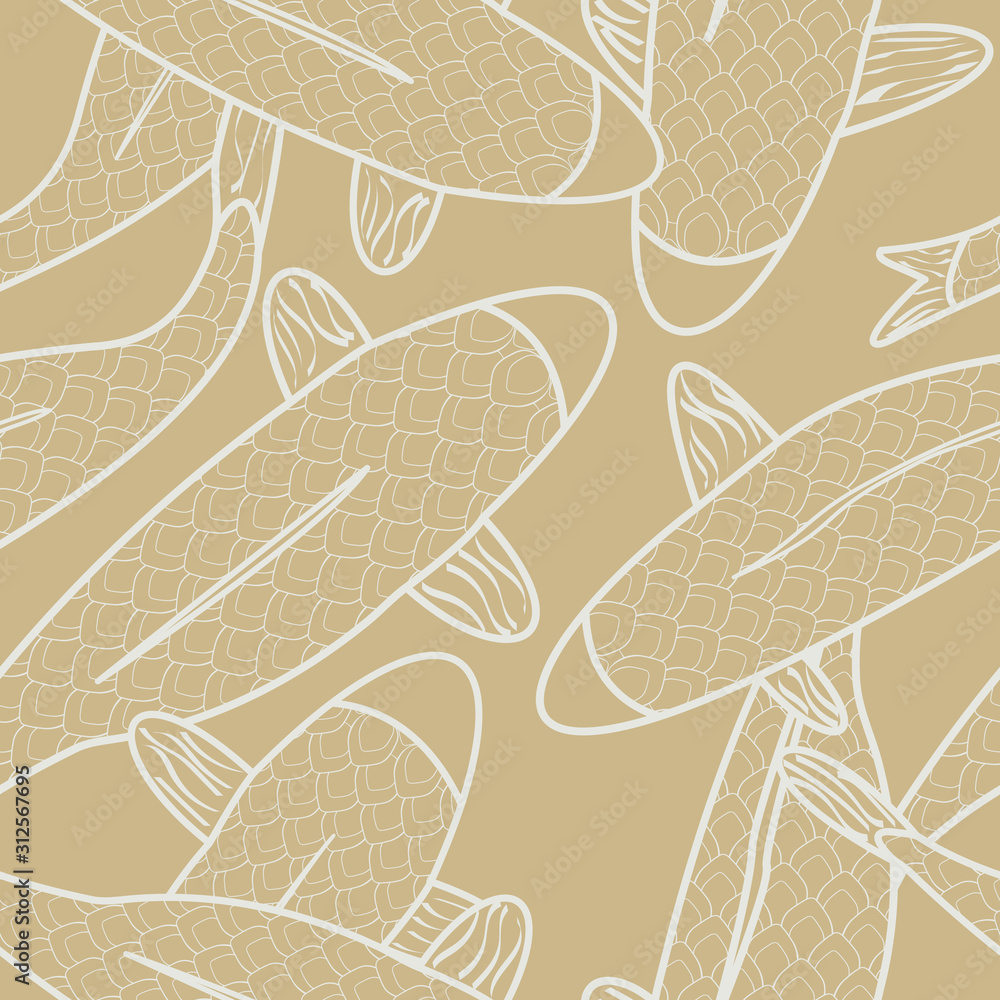 Vector Gold Koi Fish Line Art on Gold Background Seamless Repeat ...