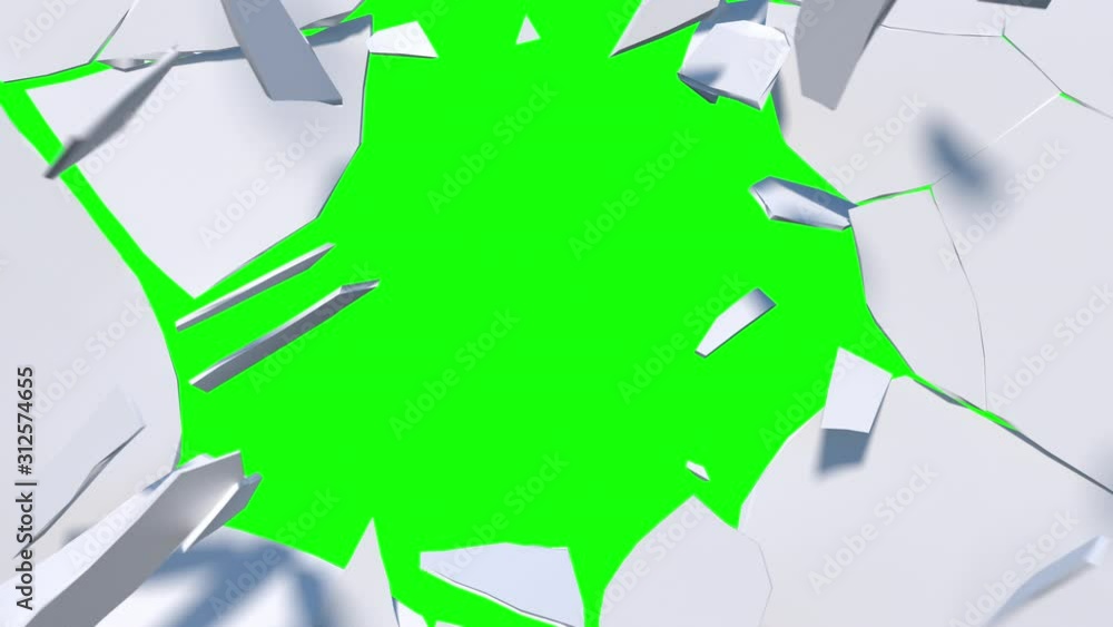 3D explosion of white wall with green screen behind. Close up slow ...
