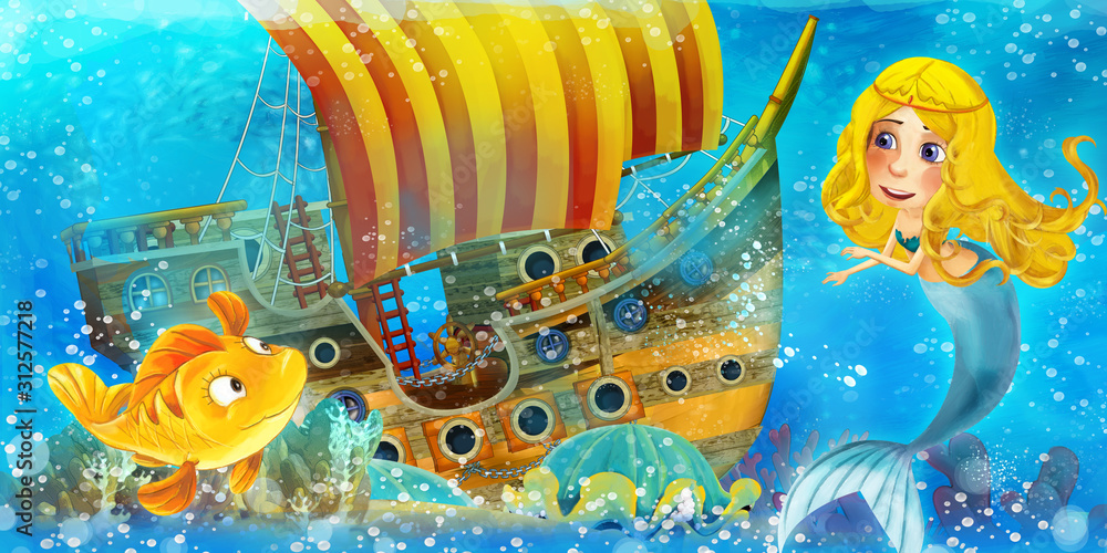 Cartoon ocean scene and the mermaid princess in underwater kingdom ...