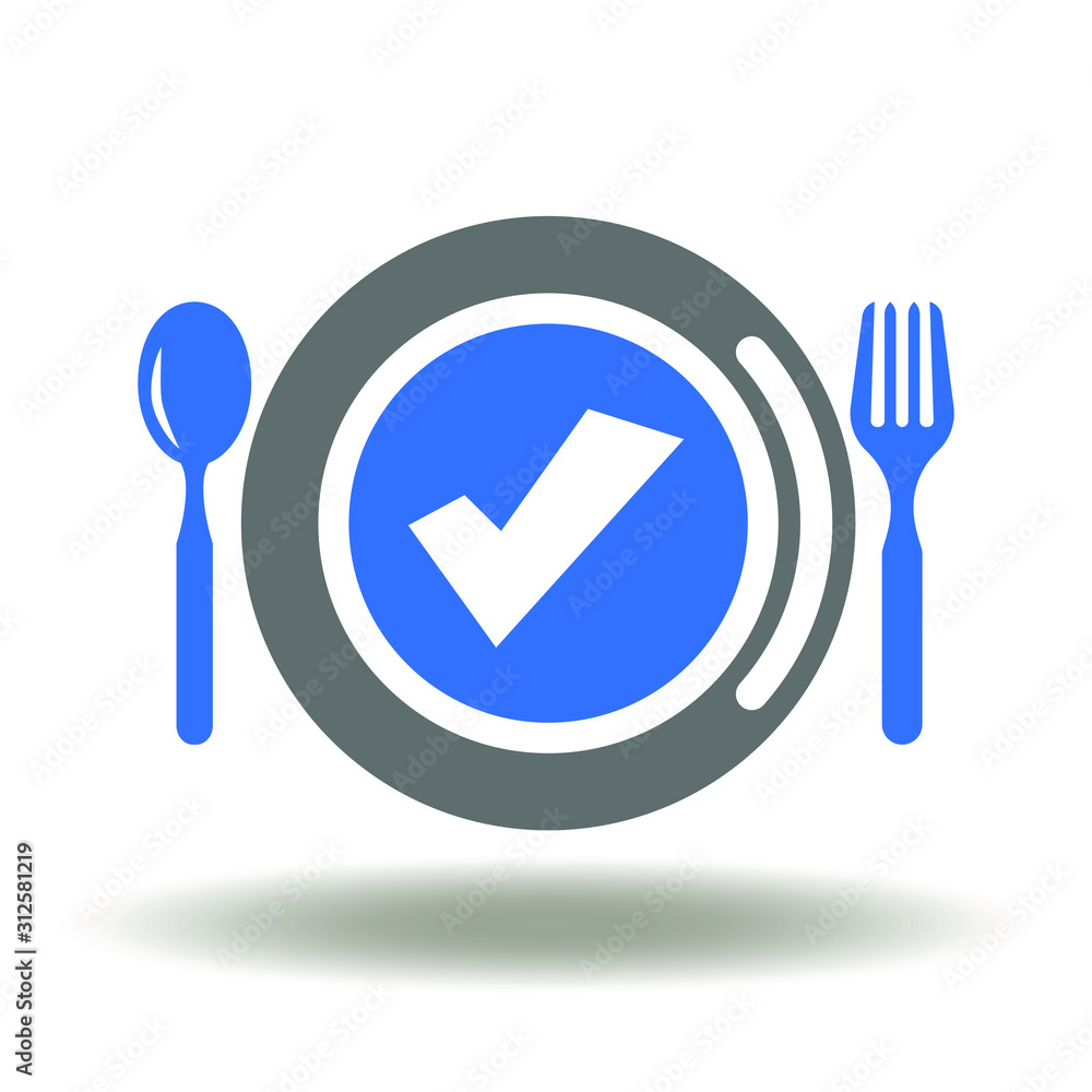 Plate fork spoon check mark icon vector. Food cafe logo. Menu Dish ...
