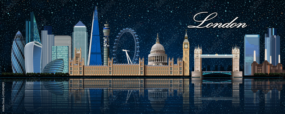 London skyline depicting famous landmarks; Houses of Parliament, Big ...