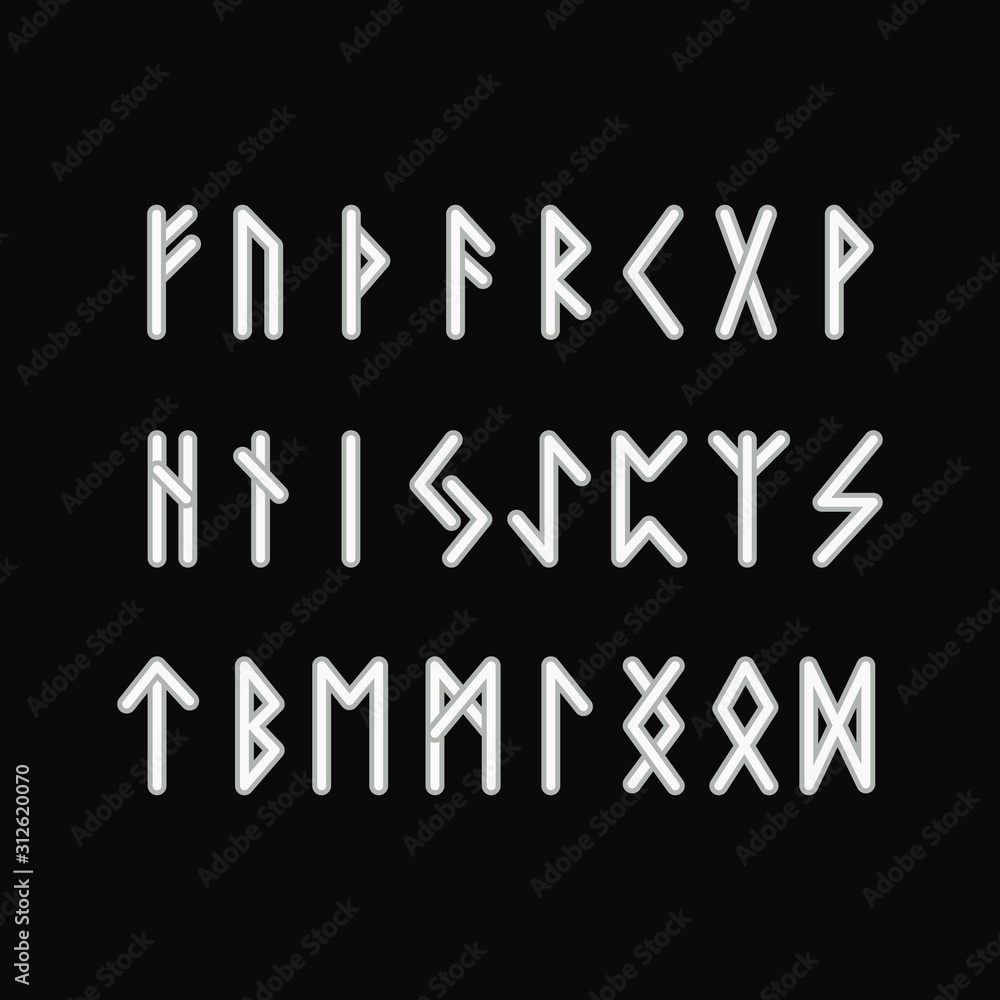Scandinavian runes white letters on black background. Runic alphabet ...