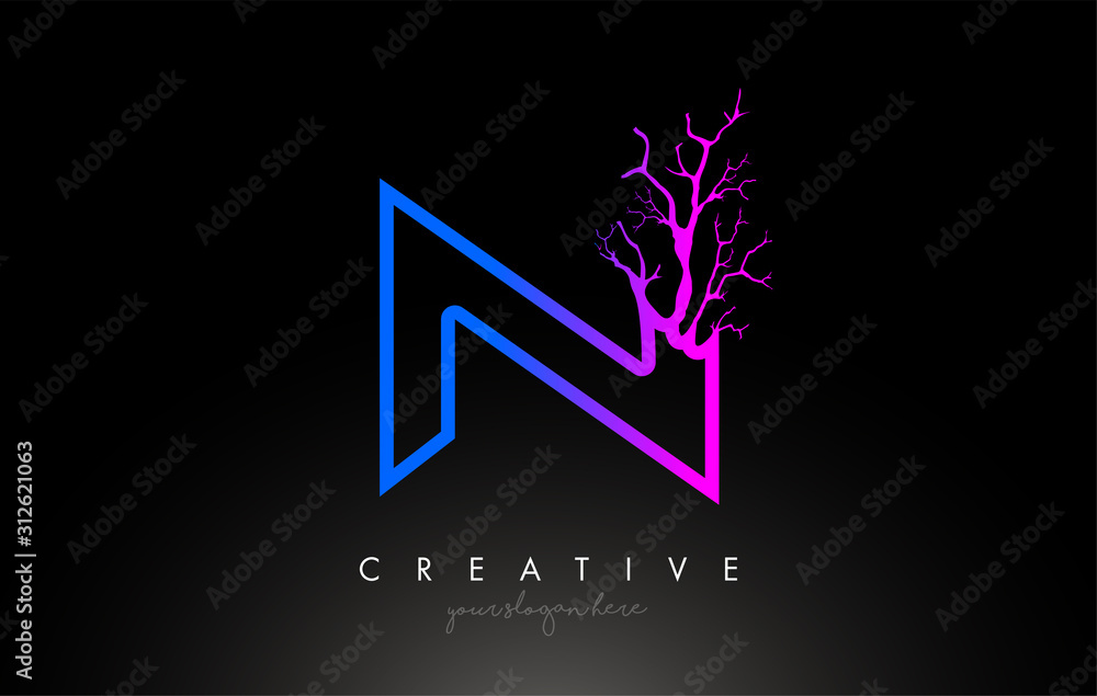 Tree Letter N Design Logo with Purple Blue Tree Branch. N Letter Tree ...