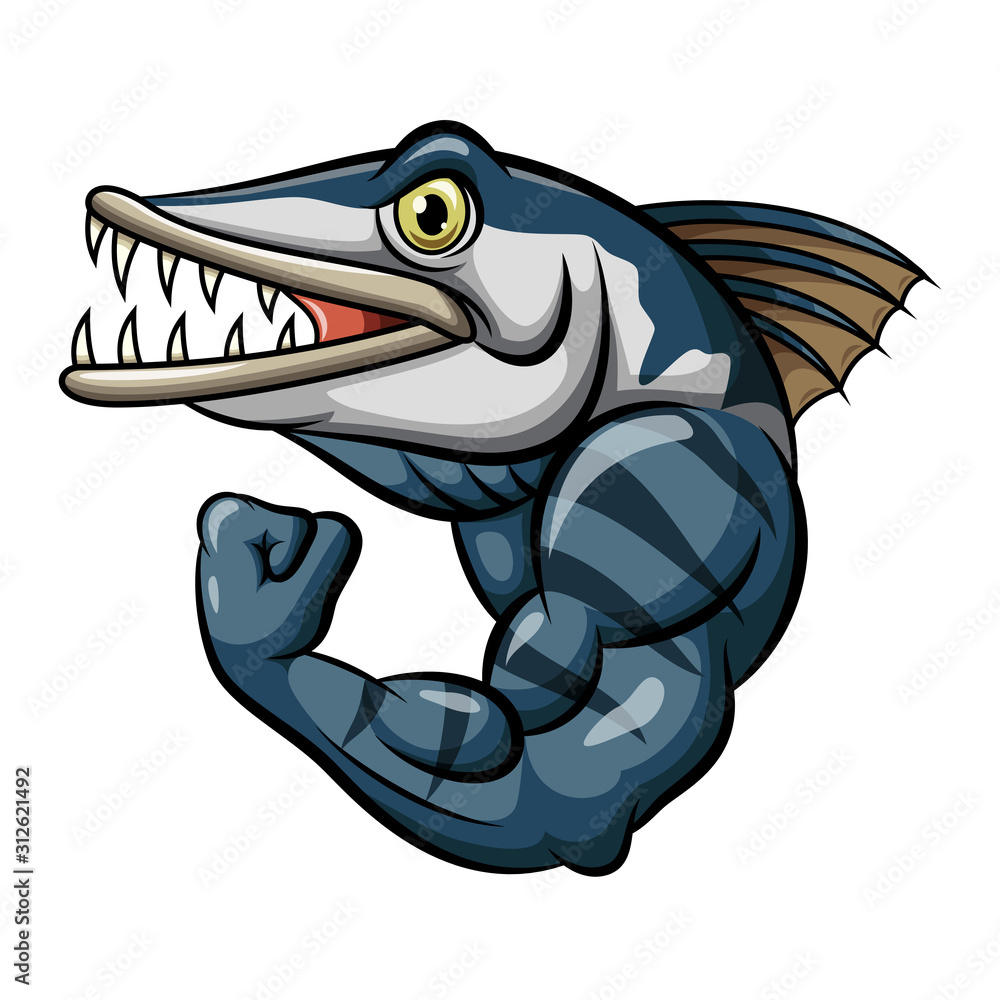 Cartoon strong angry barracuda fish mascot Stock Vector | Adobe Stock