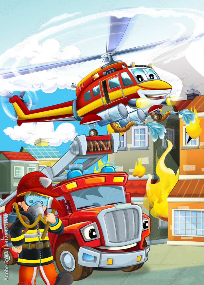 cartoon scene with different fire fighter machines helicopter and fire ...