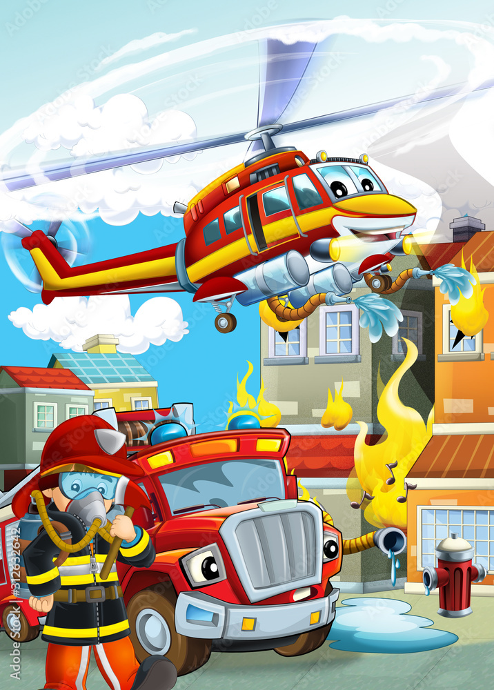 ภาพประกอบสต็อก cartoon scene with different fire fighter machines ...
