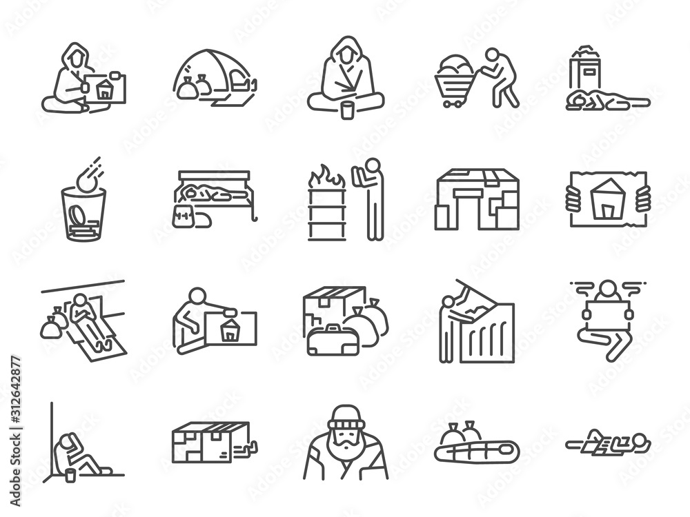 Homeless line icon set. Included icons as poor, empty, homelessness ...